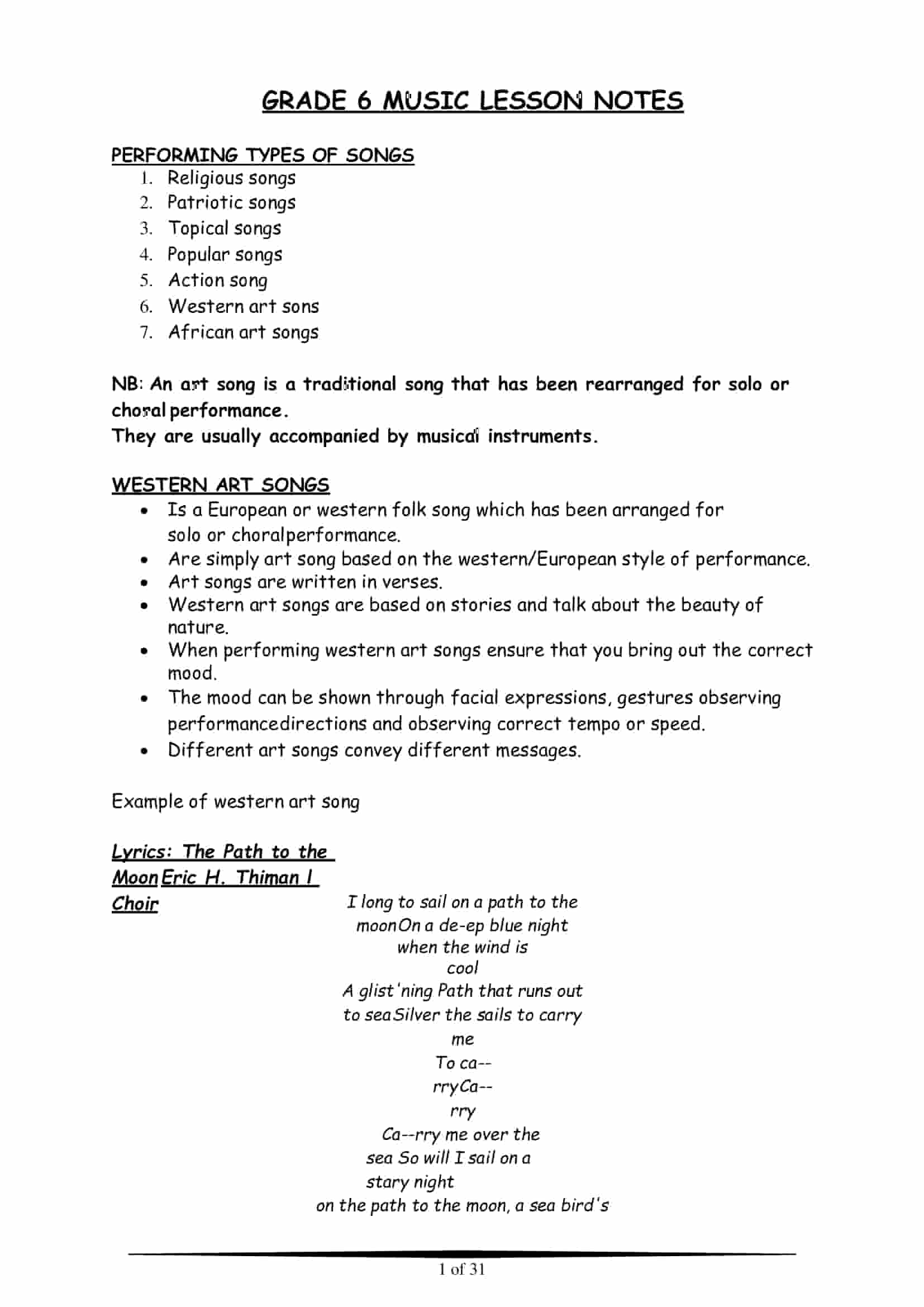 Grade 6 Music Lesson Notes for Term 1 - Elimplex