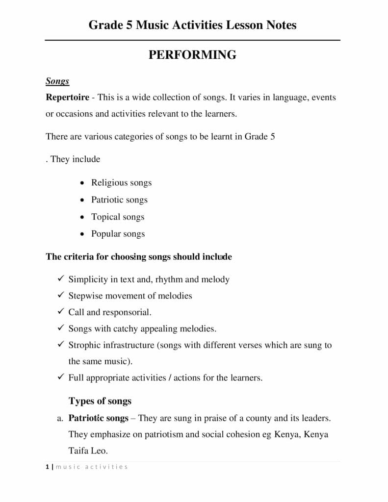 Grade 5 Music Activities Notes - Elimplex