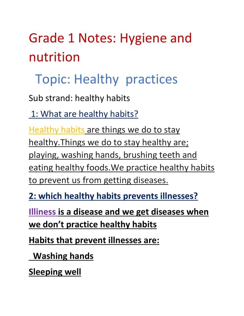 Grade 1 Hygiene and Nutrition Notes CBC curriculum - Elimplex