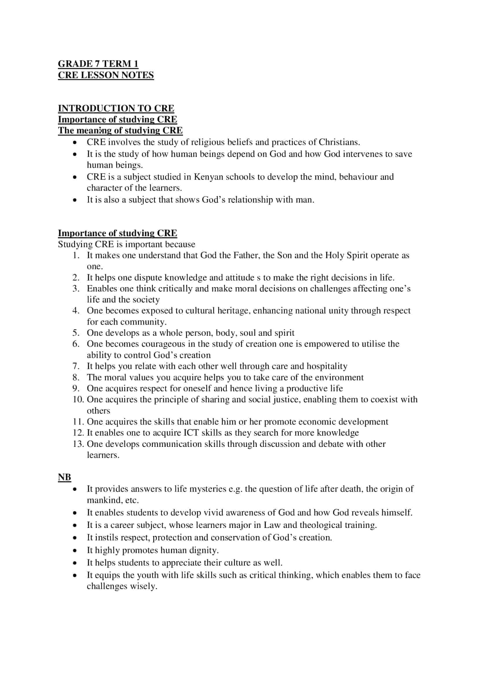 Grade 7 CRE Notes Term 1 - Elimplex