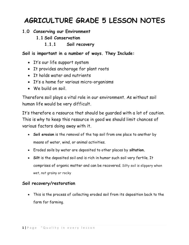 Grade 5 Agriculture Lesson Notes 2024 - Elimplex