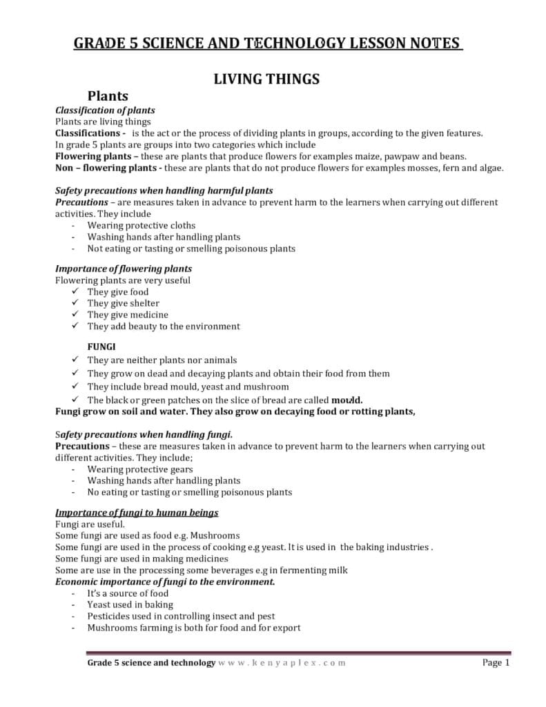 Grade 5 science and technology lesson notes - Elimplex