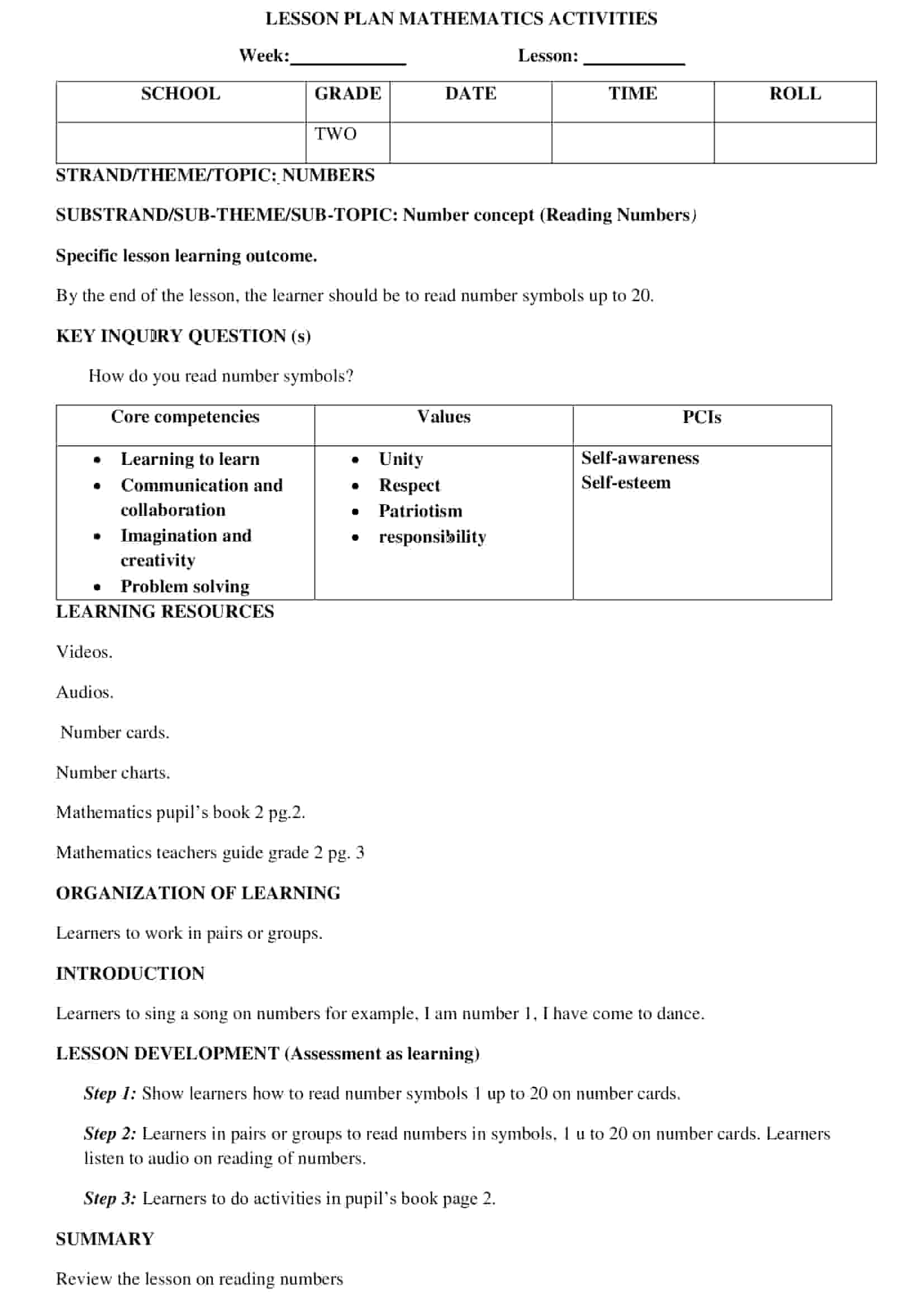 Grade 2 Mathematics Lesson Plans Term 1 - Elimplex