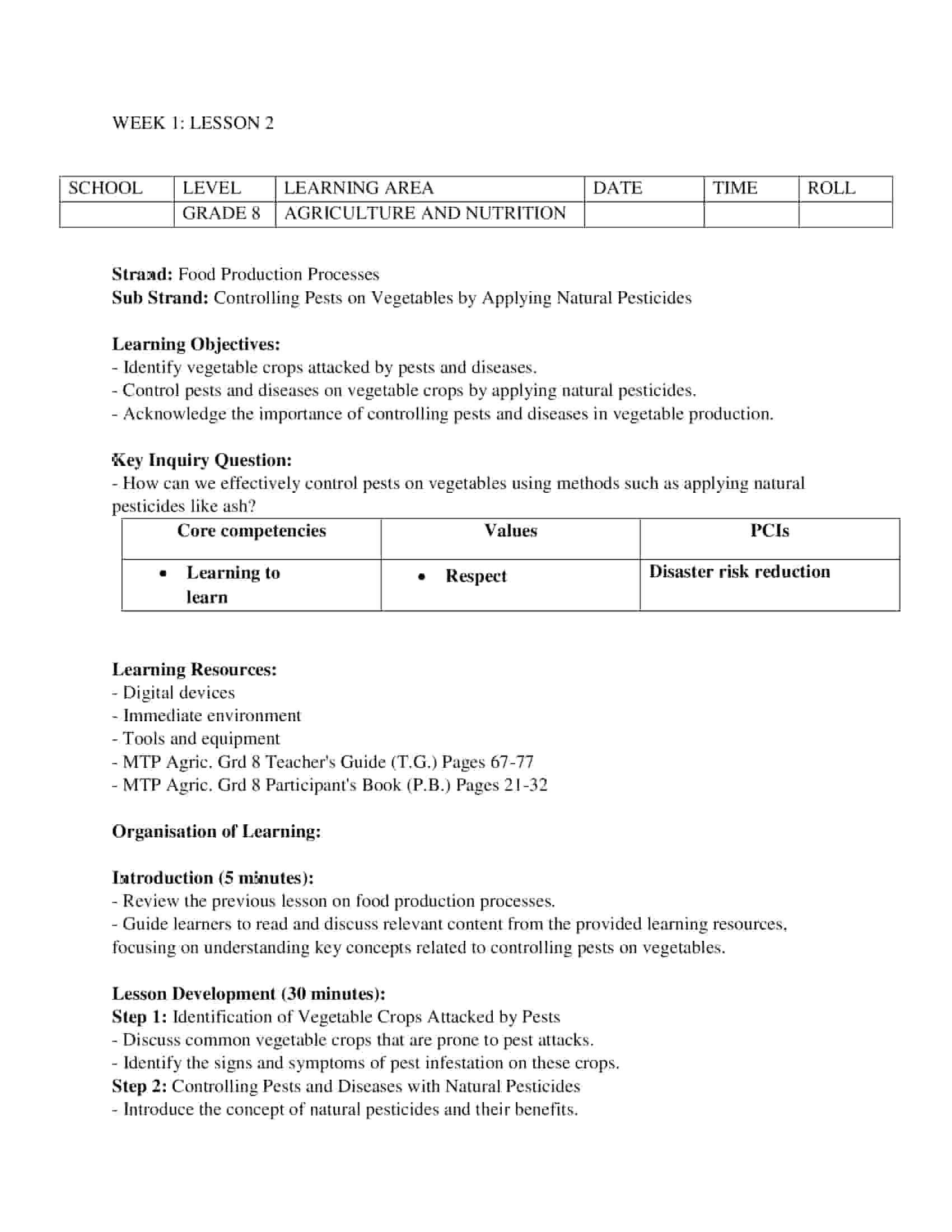 Grade 8 Rationalised Agriculture and Nutrition Lesson Plans Term 2 ...