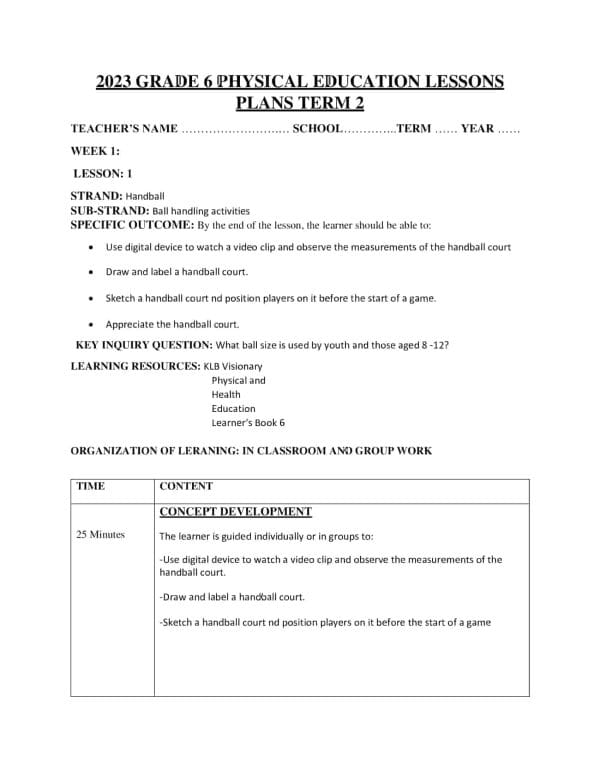 Grade 6 Physical Education Lessons Plans Term 2 - Elimplex