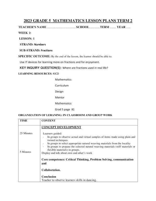 Grade 5 Rationalized Mathematics Lesson Plans Term 2 - Elimplex