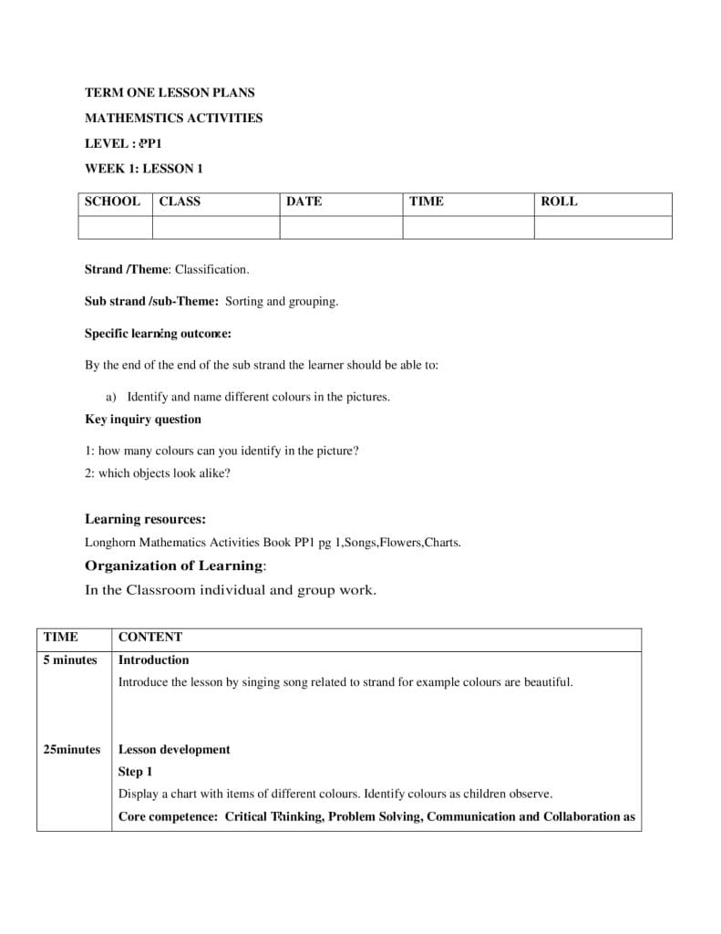 PP1 Mathematics Activities Lesson Plans Term 1 - Elimplex