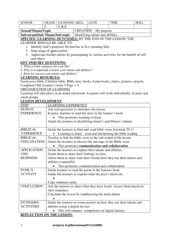 Grade 5 CRE Lesson Plans Term 1, 2 and 3 -Longhorn - Elimplex
