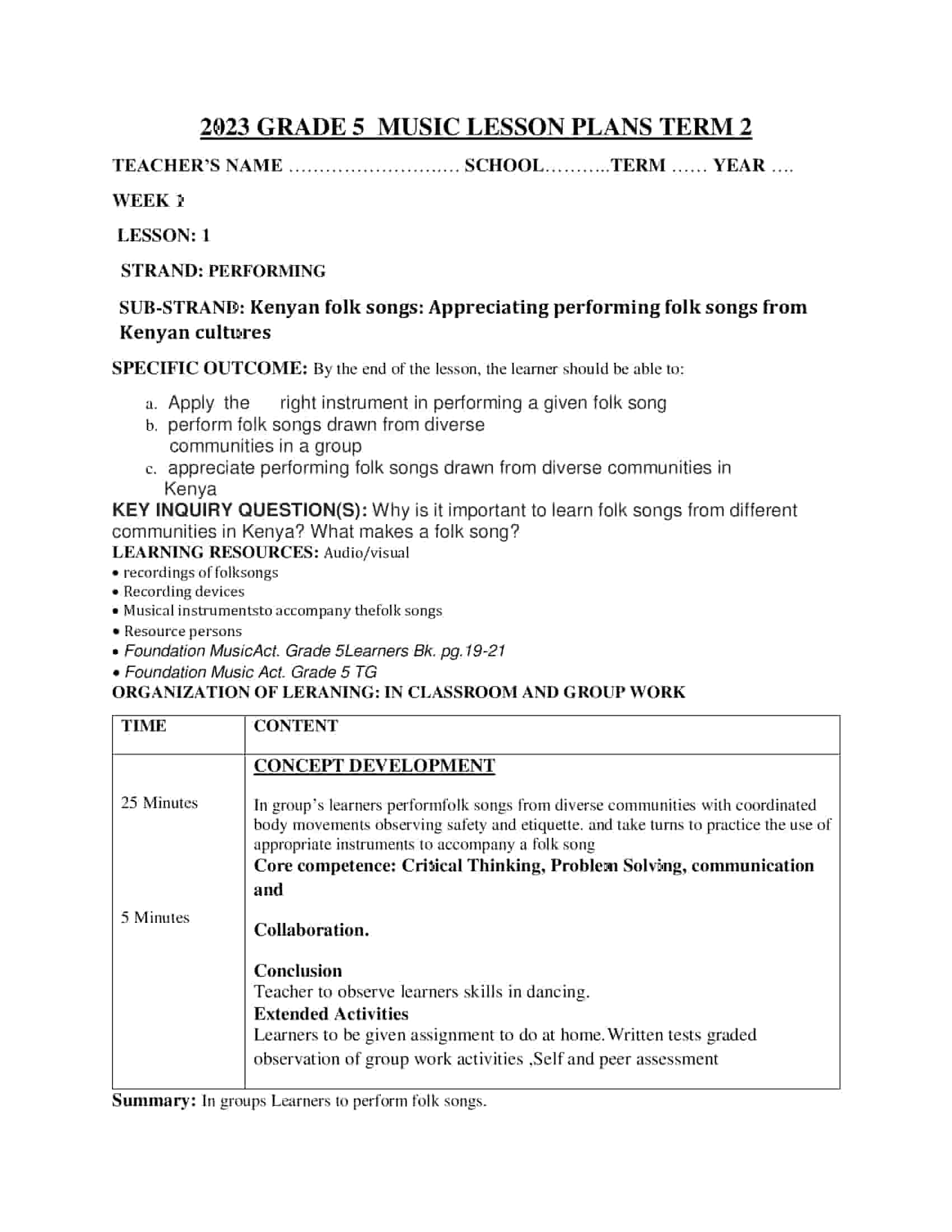 Grade 5 Music Lesson Plans Term 2 - Elimplex