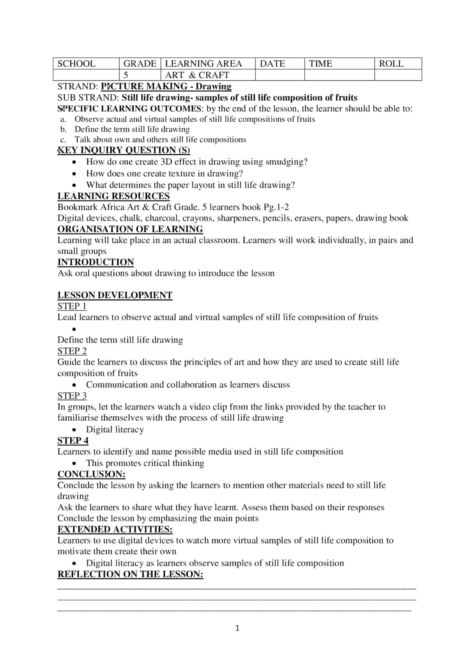 Grade 5 Art and Craft Lesson Plans Term 1, 2 and 3 - Elimplex