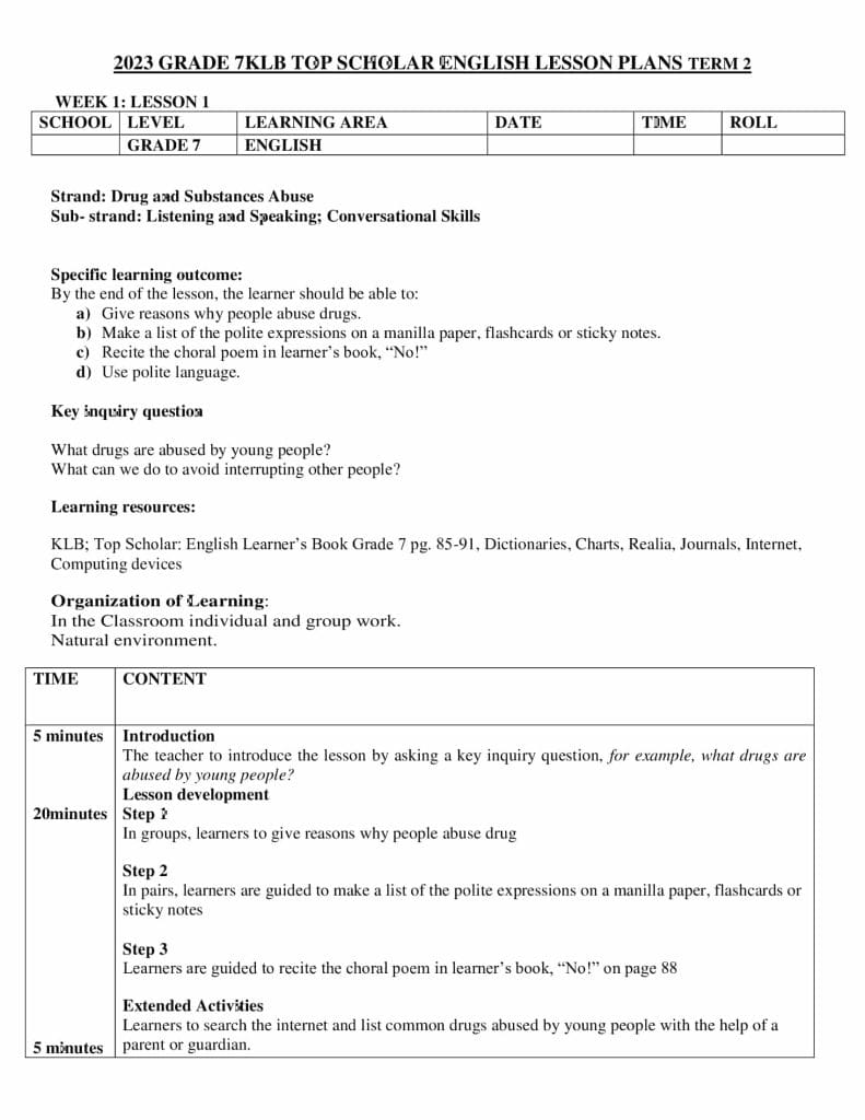 Grade 7 English Lesson Plans Term 2 - Elimplex