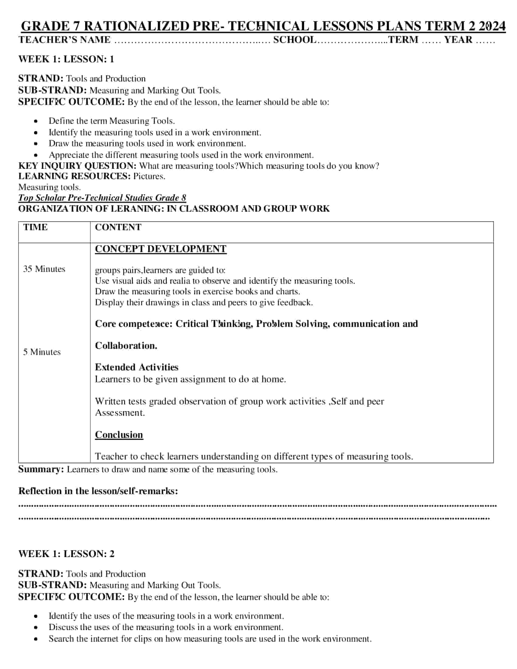 Grade 7 rationalized pre- technical lessons plans term 2 - Elimplex
