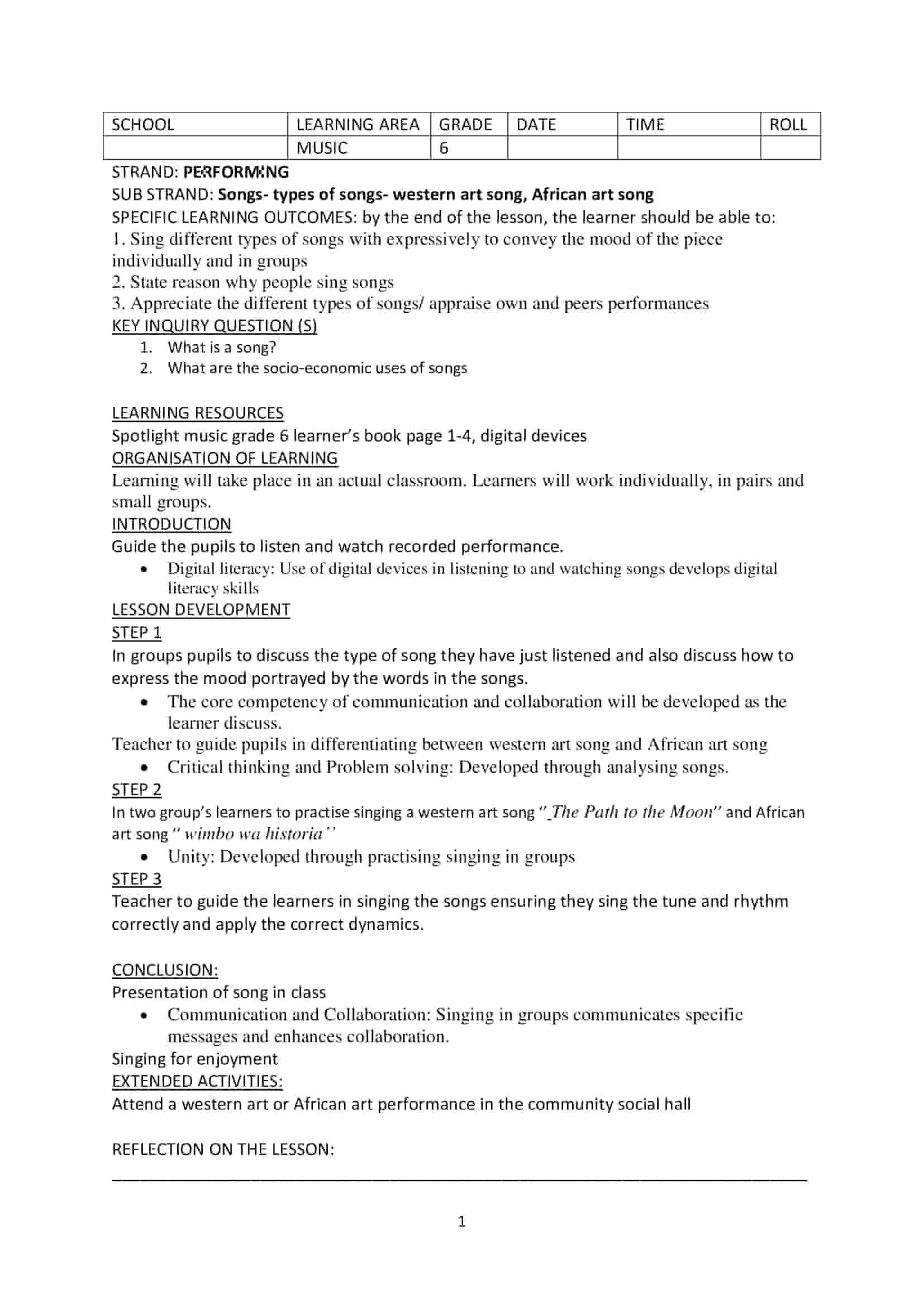 Grade 6 Music Lesson Plans Term 1, 2 and 3 - Elimplex