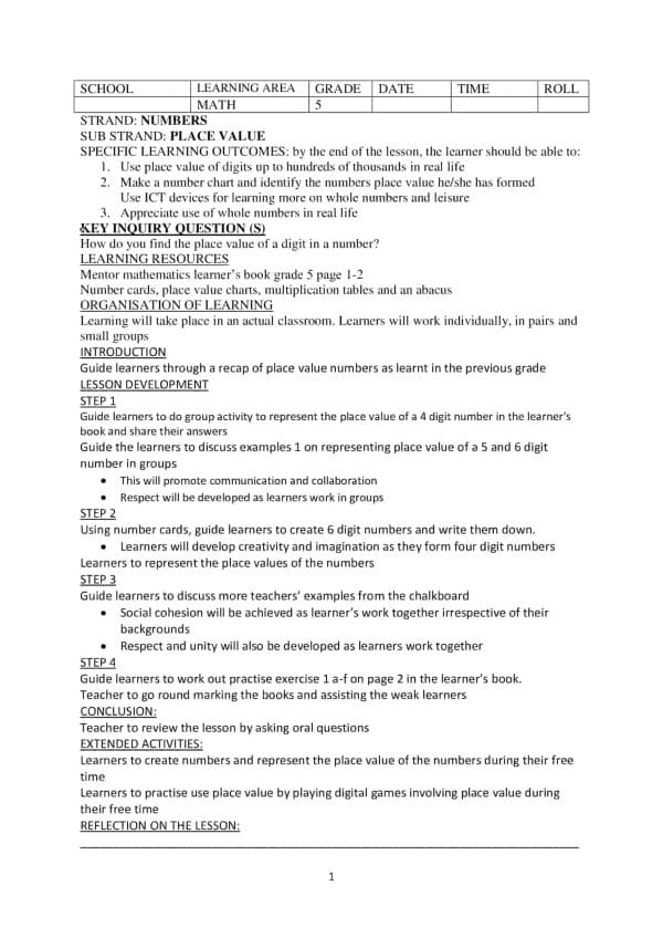 Grade 5 Mathematics Lesson Plans Term 1, 2 and 3 - Elimplex
