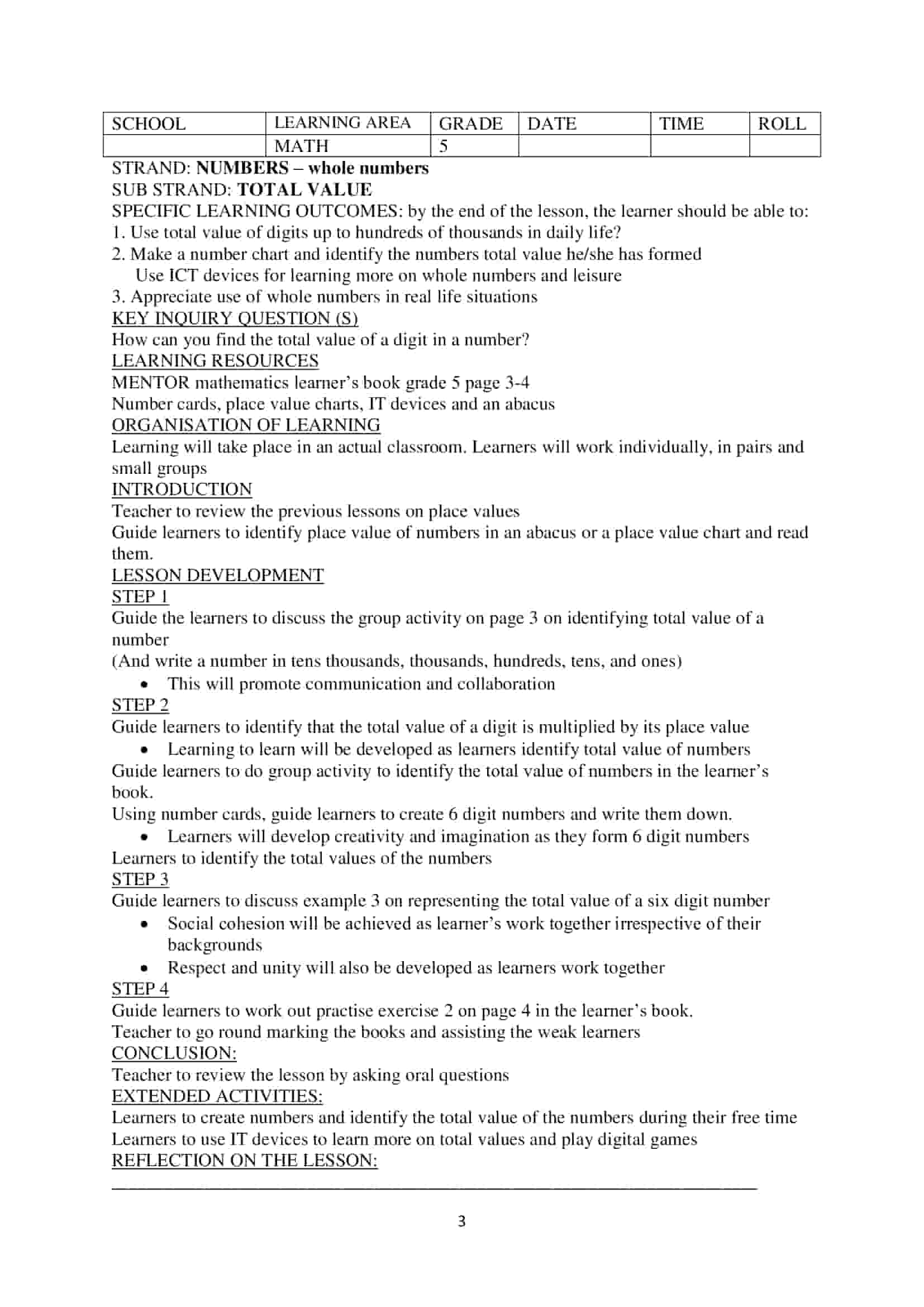 Grade 5 Mathematics Lesson Plans Term 1, 2 and 3 - Elimuplex