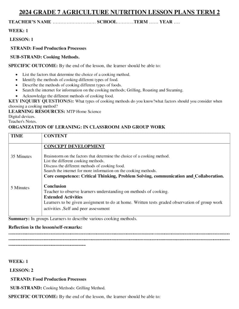 Grade 7 Agriculture and Nutrition Lesson Plans Term 2 - Elimplex