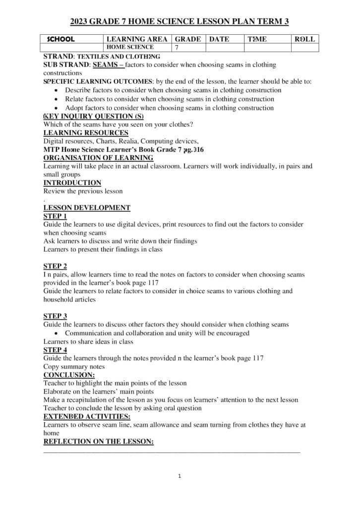 Grade 7 Home Science Lesson Plan Term 3 - Elimplex