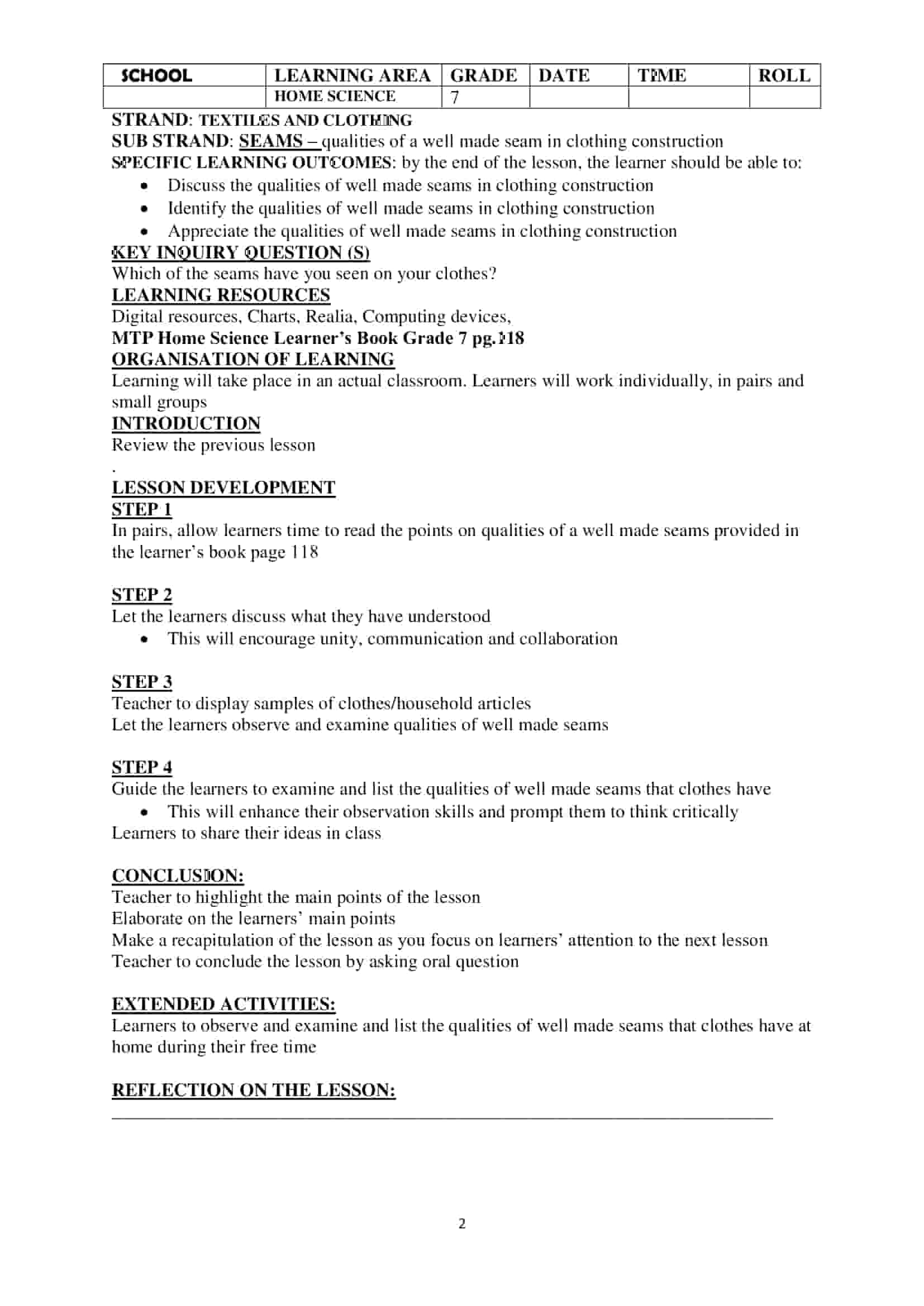 Grade 7 Home Science Lesson Plan Term 3 - Elimuplex
