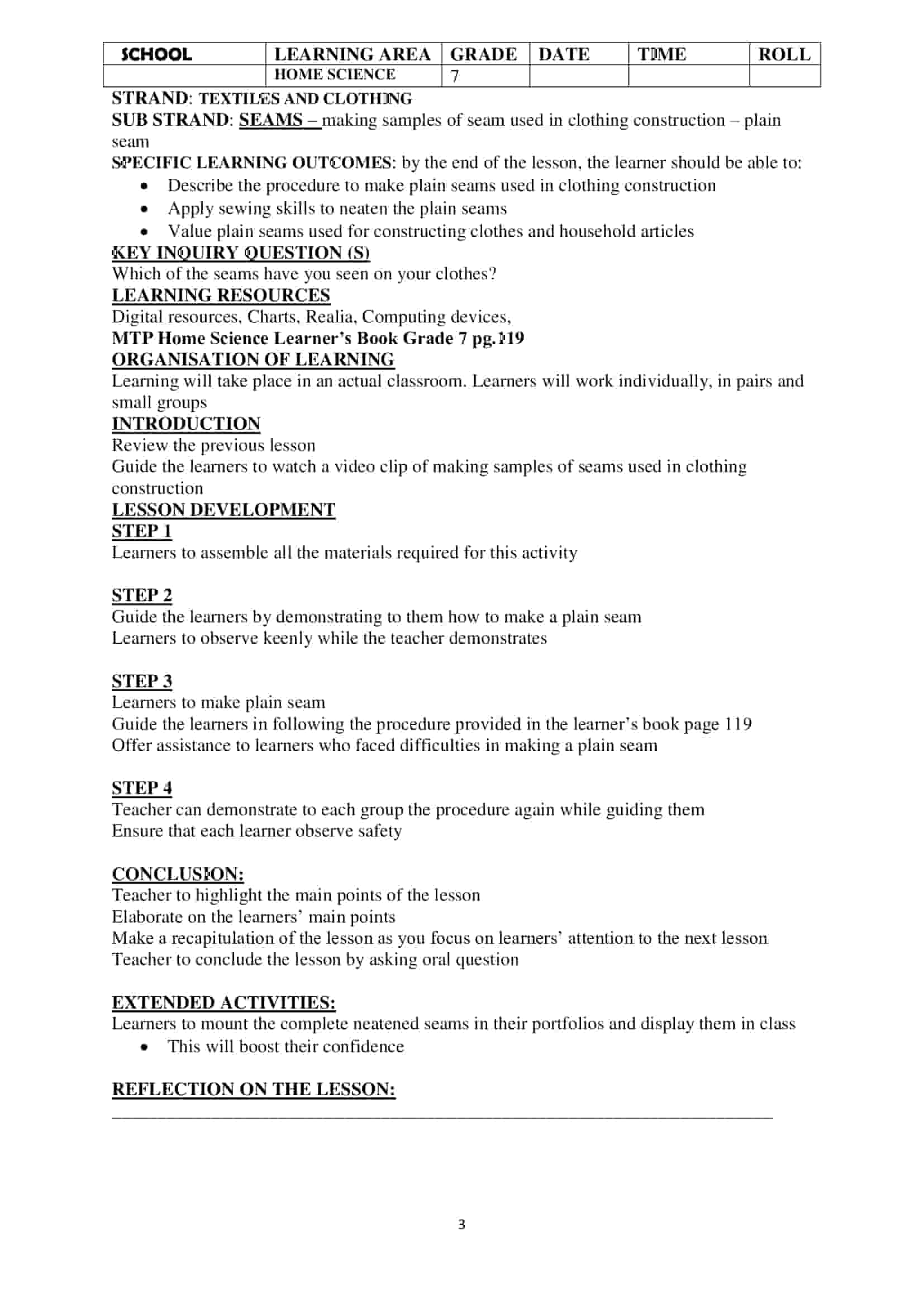 Grade 7 Home Science Lesson Plan Term 3 - Elimuplex