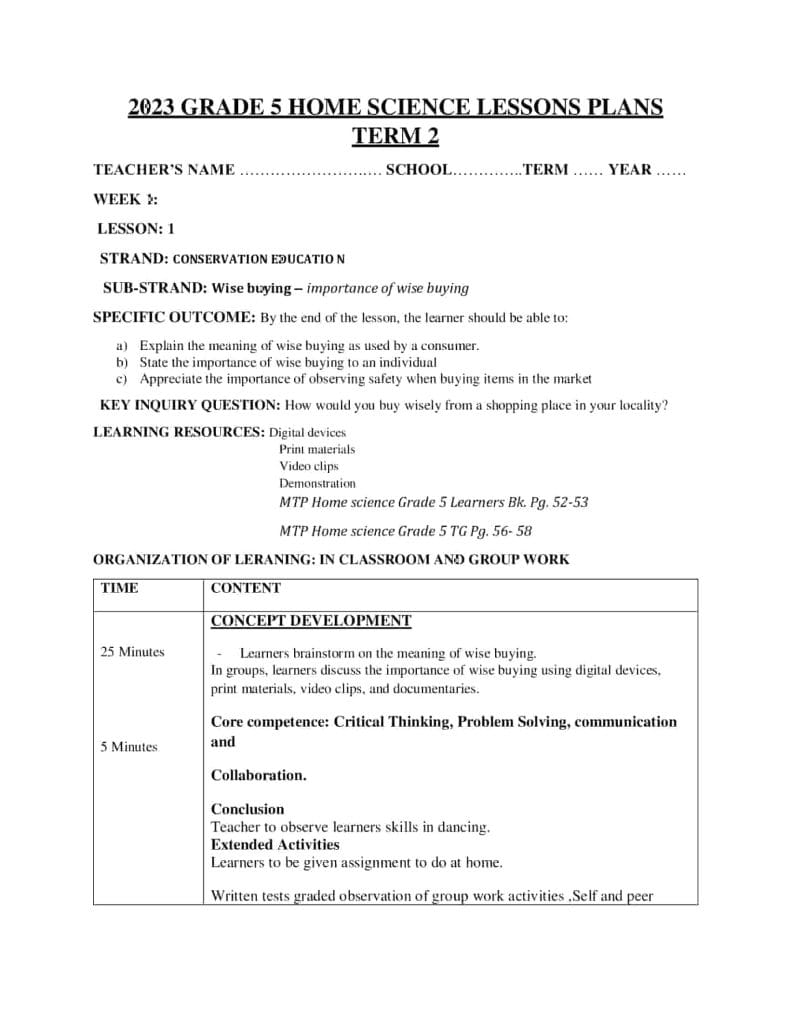 Grade 5 Home Science Lessons Plans Term 2 - Elimplex