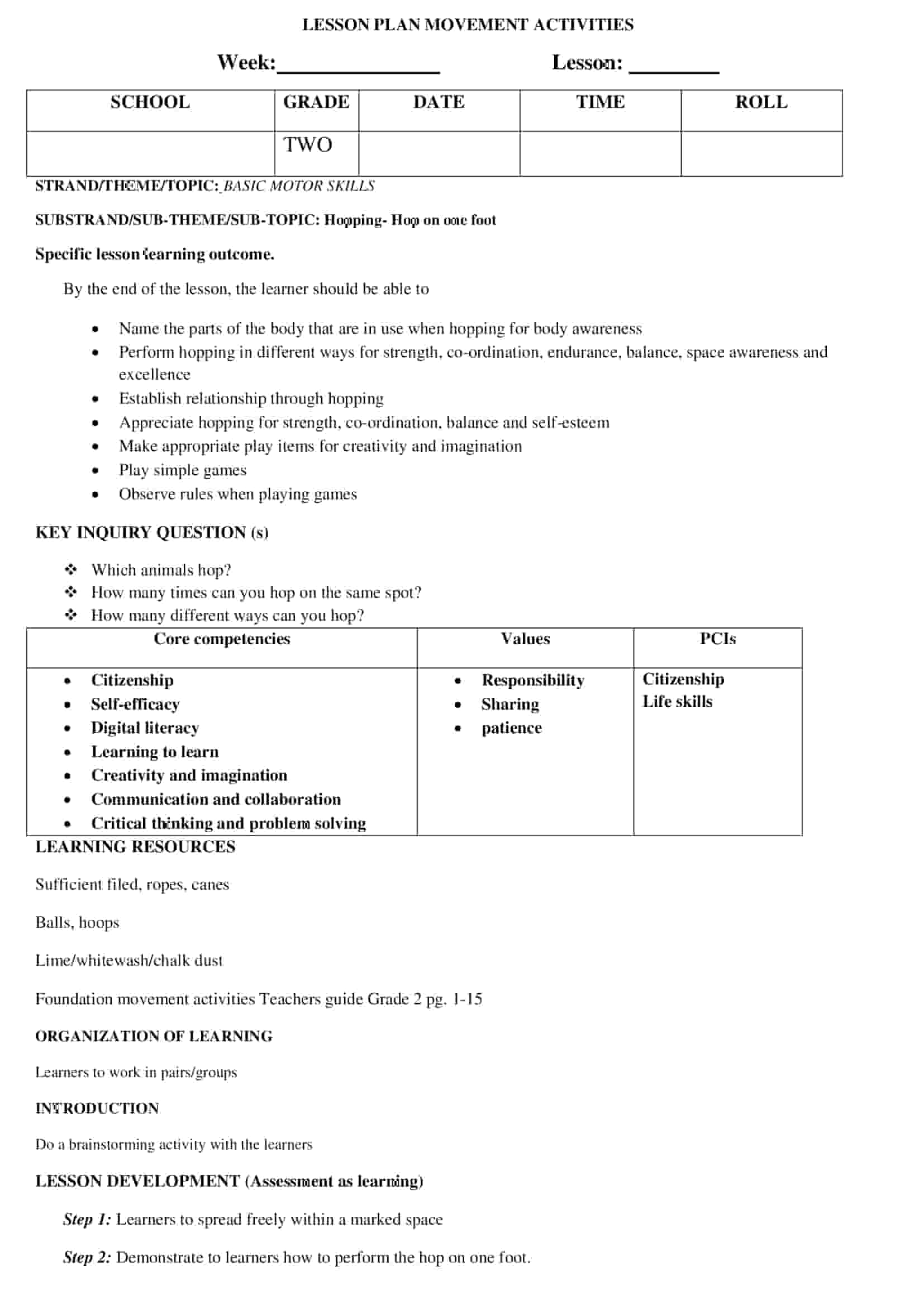 Grade 2 Movement Activities Lesson Plans Term 1 - Elimplex