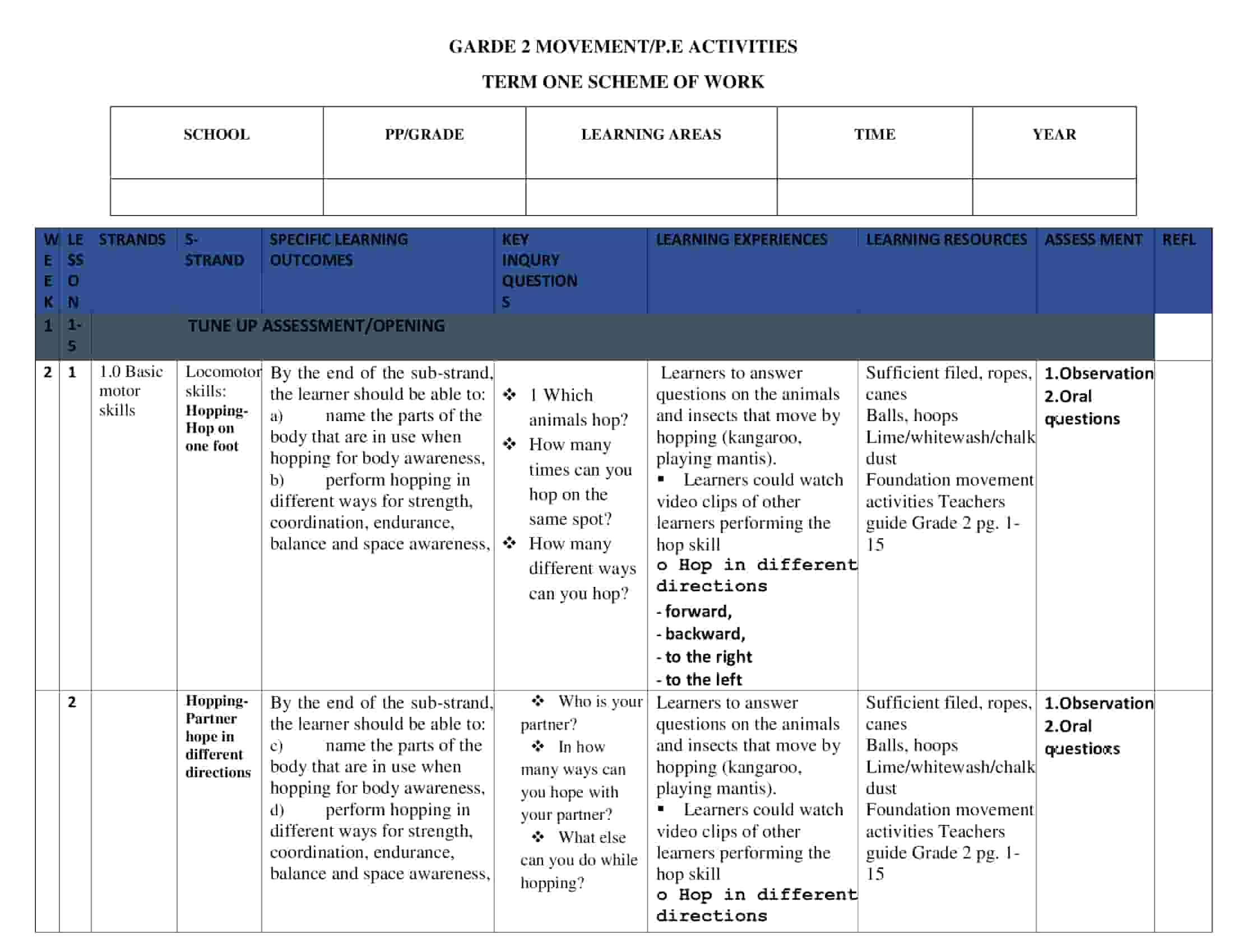 Grade 2 Movement Activities Schemes of Work term 1 - Elimplex