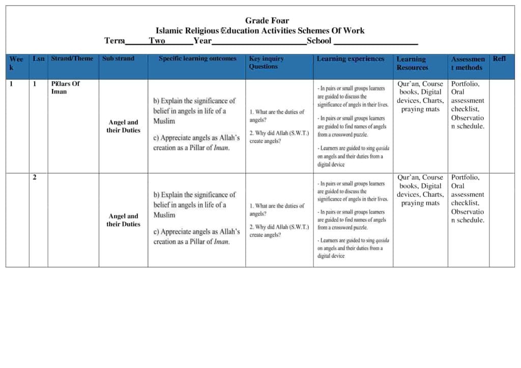 Grade 4 IRE CBC Schemes of Work Term 2 - Elimplex