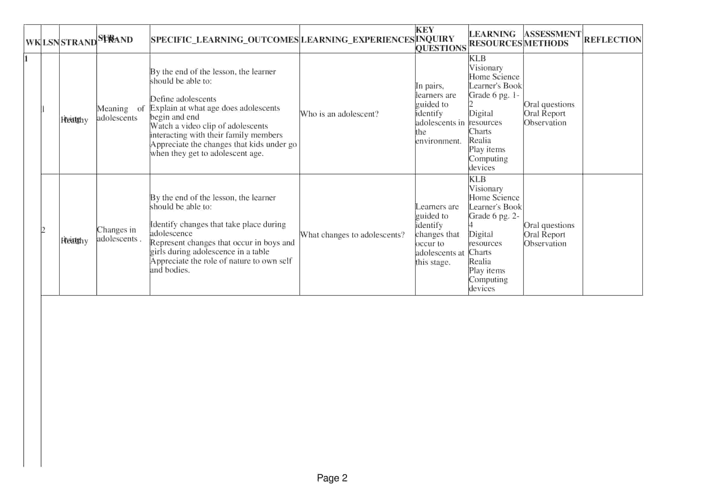 Grade 6 Home Science Scheme of Work Term 1 -KLB Visionary - Elimplex
