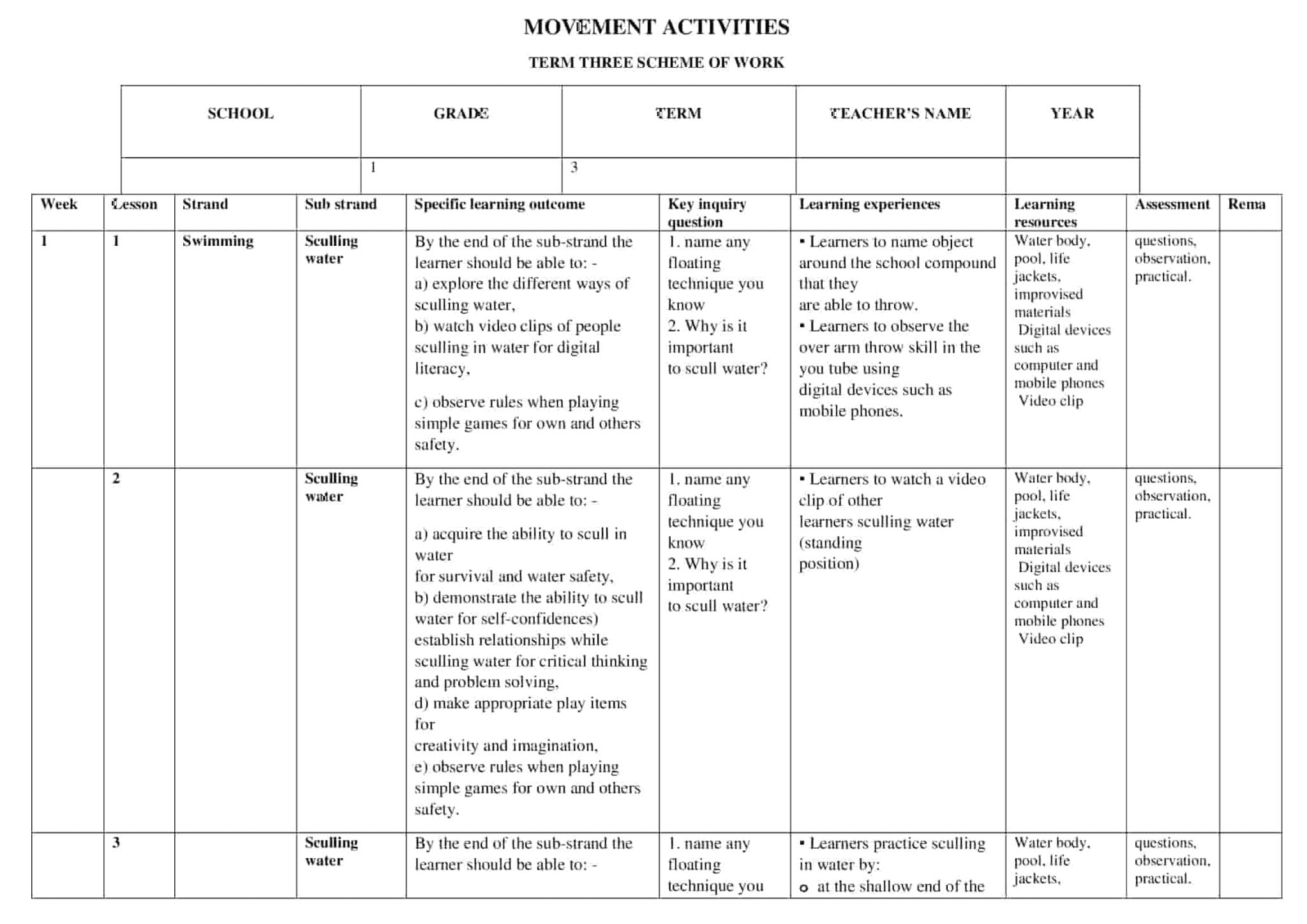 Grade 1 Movement Activities Schemes of Work Term 3 - Elimplex