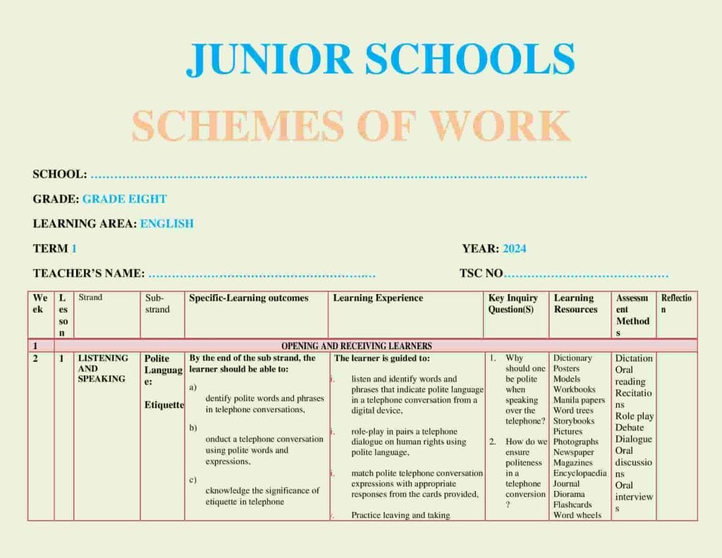 Grade 8 English Schemes of Work Term 1 -Longhorn - Elimplex