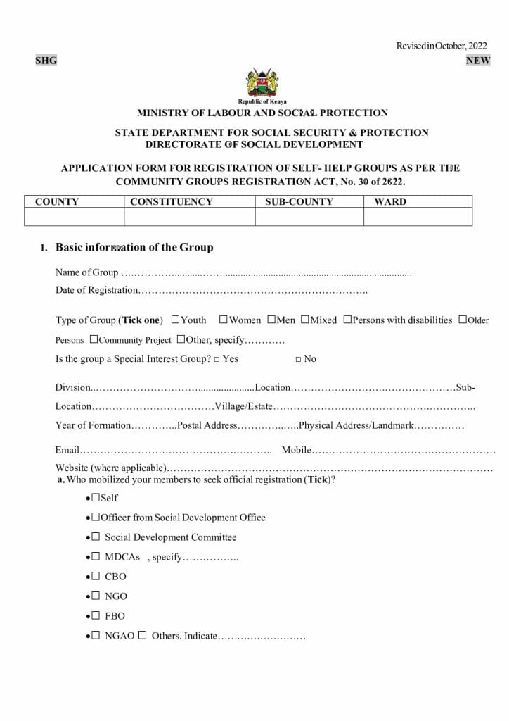 Kenya application form for registration of self-help groups - Elimplex