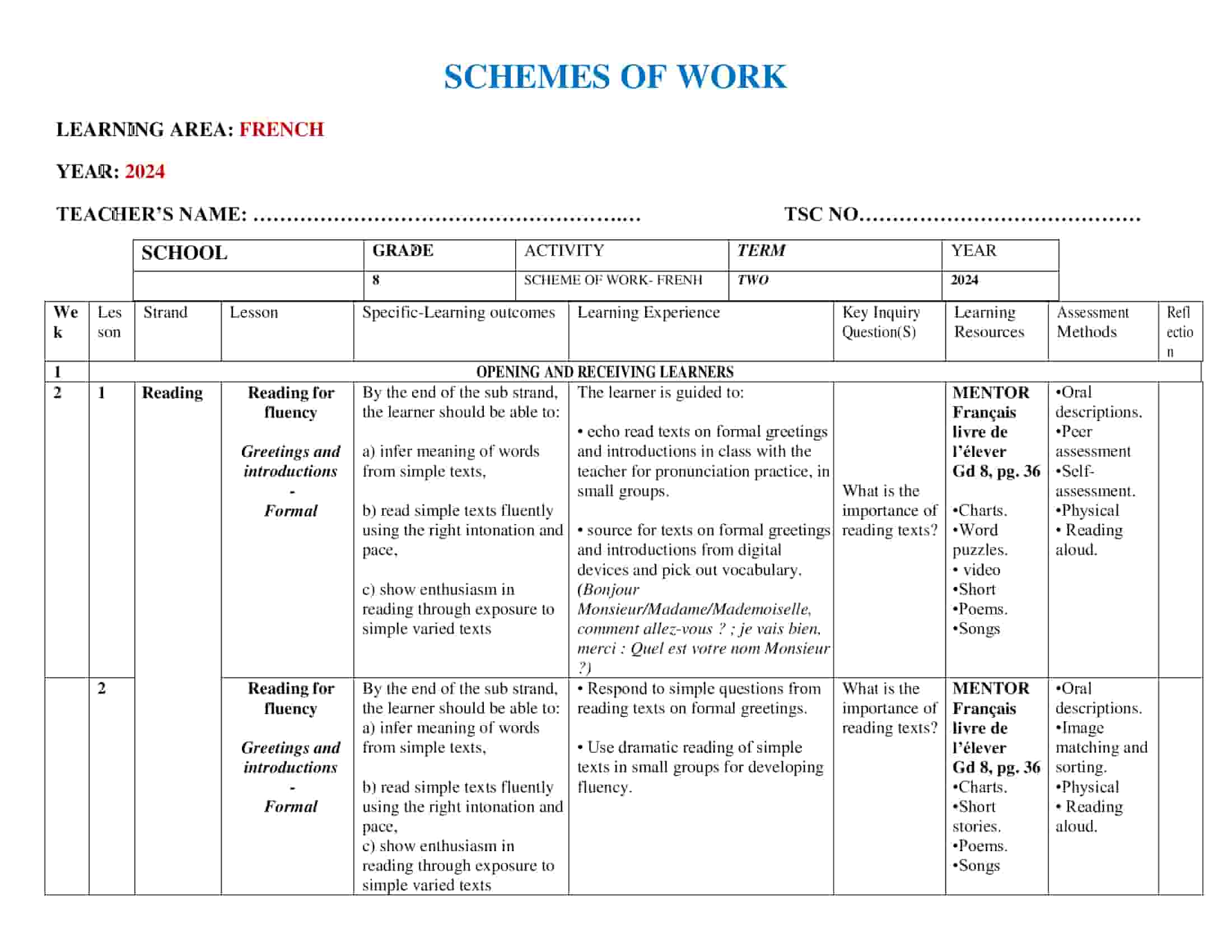 Grade 8 French Schemes of Work for Term 2 -Mentor - Elimplex