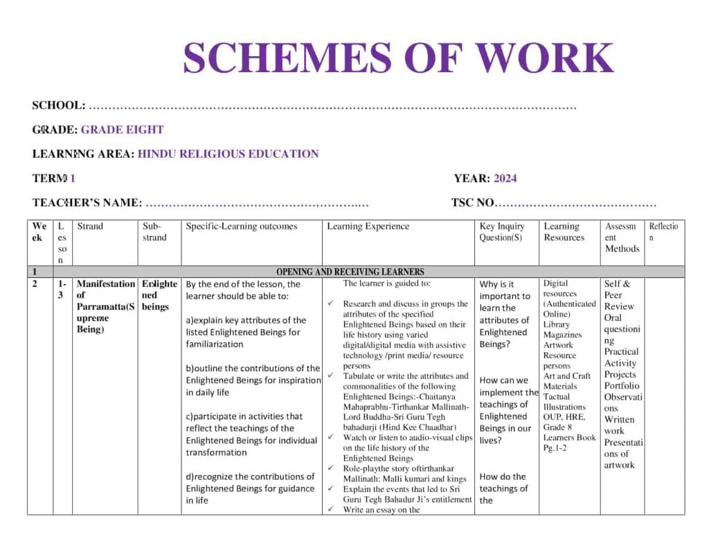 Grade 8 Hindu Schemes of Work for Term 1 - Elimplex