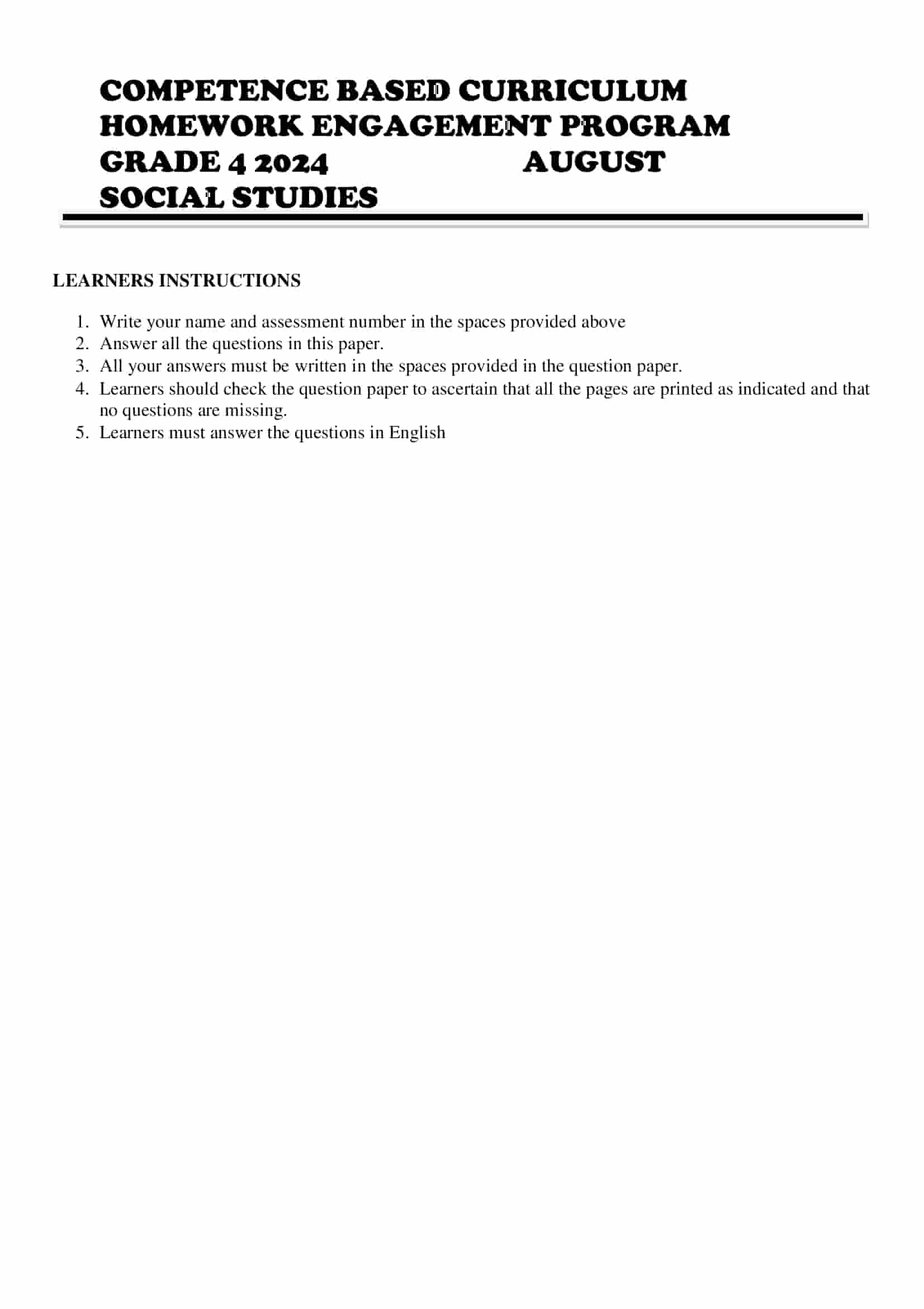 Grade 4 Social Studies Homework August Holiday - Elimplex
