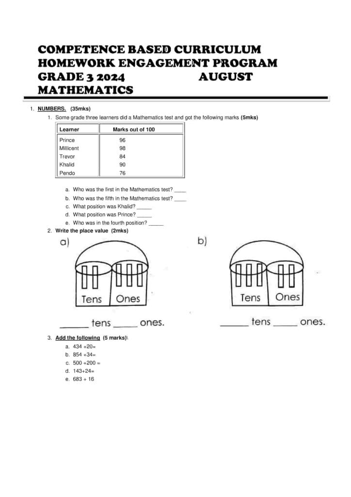 Grade 3 Mathematics Homework August Holiday - Elimplex