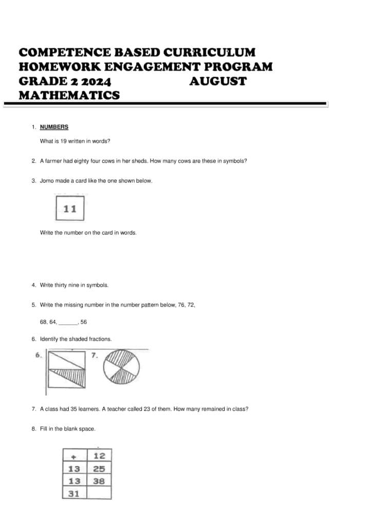 Grade 2 Mathematics Homework August Holiday - Elimplex
