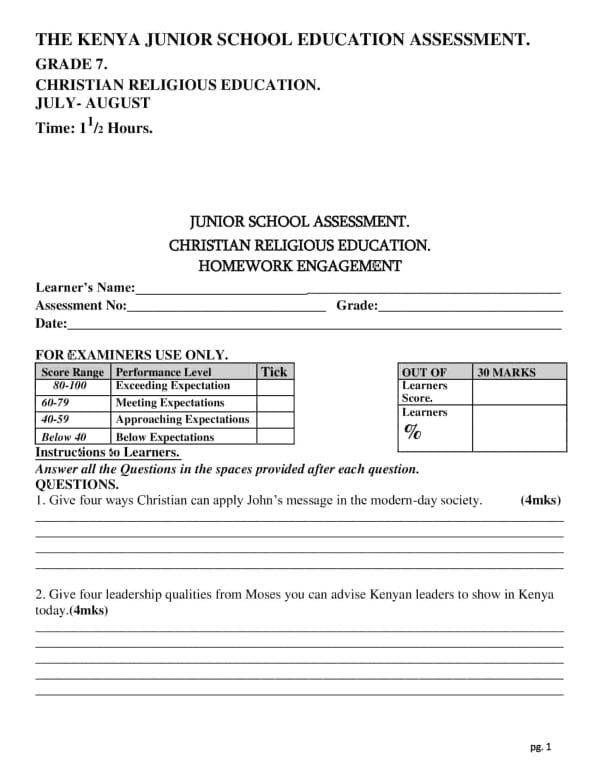 Grade 7 Christian Religious Education holiday assignments - Elimplex
