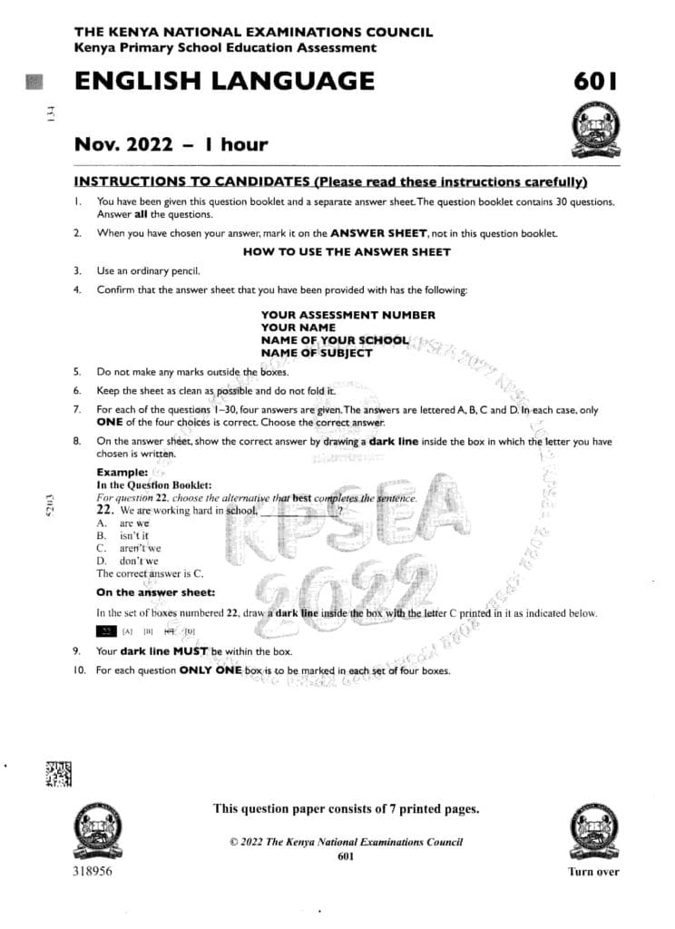 KPSEA 2022 English Language Past Paper - Elimplex