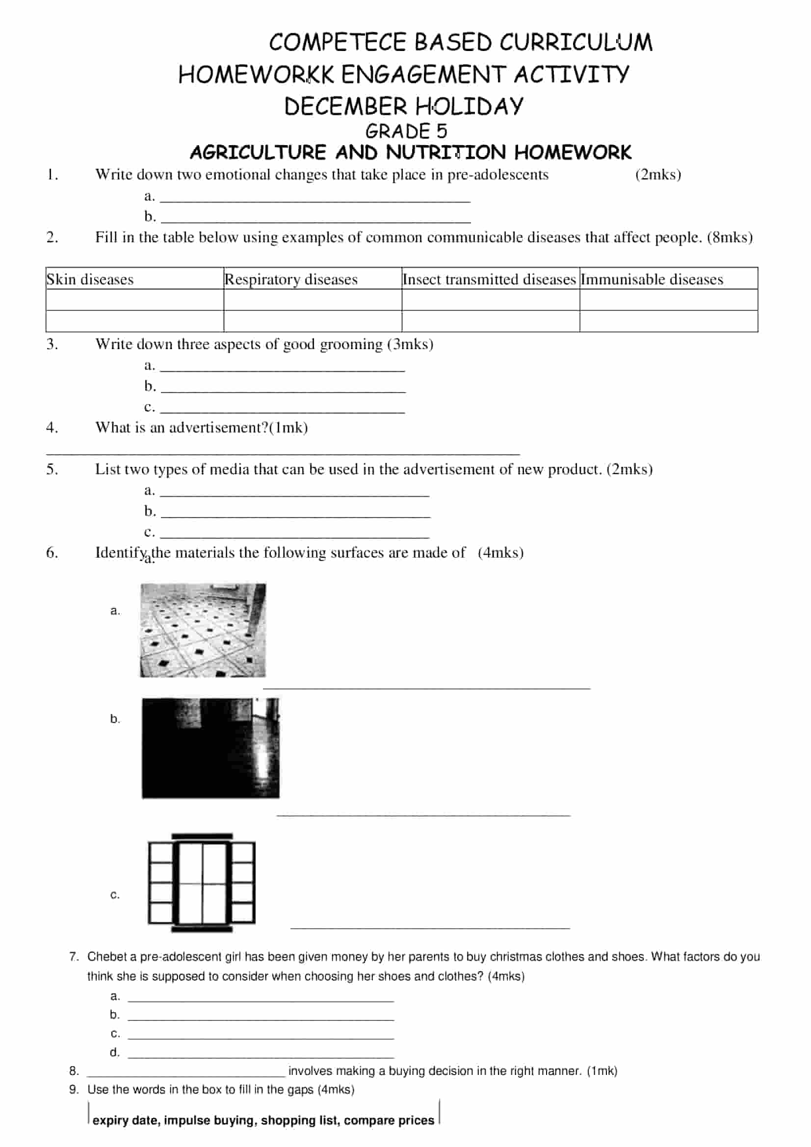 Grade 5 Agriculture and Nutrition Dec 2024 Holiday Assignments - Elimplex