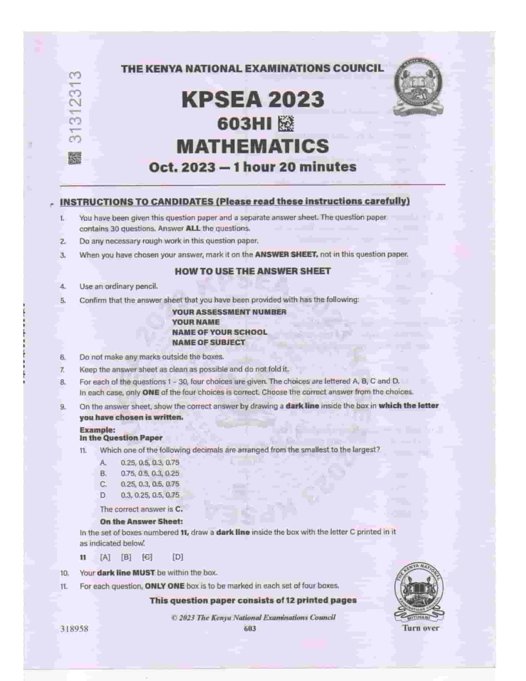 KPSEA 2023 Mathematics Past Paper - Elimuplex