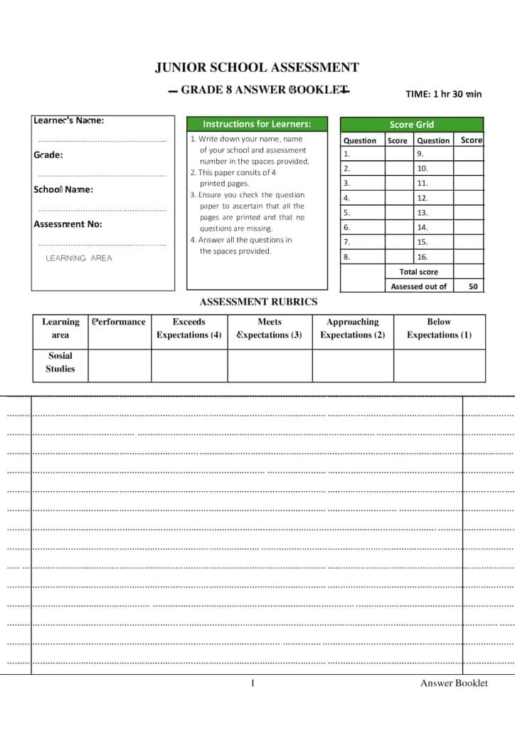 Grade 8 Social Studies and CRE answer booklet - Elimplex