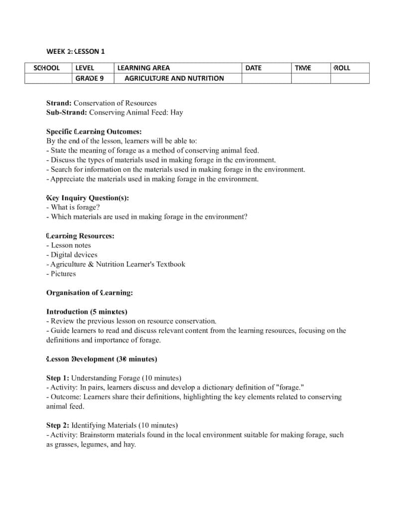 Grade 9 Rationalized Agriculture and Nutrition Lesson Plans Term 1 ...