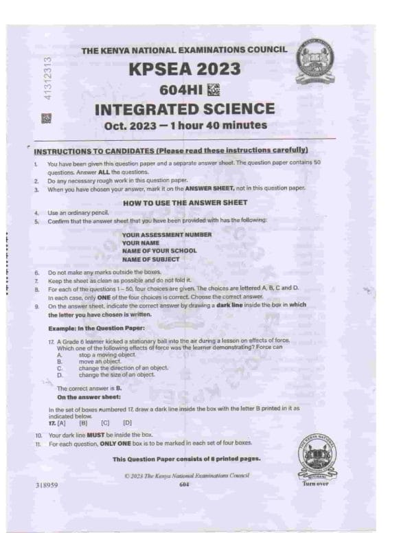 KPSEA 2023 Integrated Science Past Paper - Elimplex