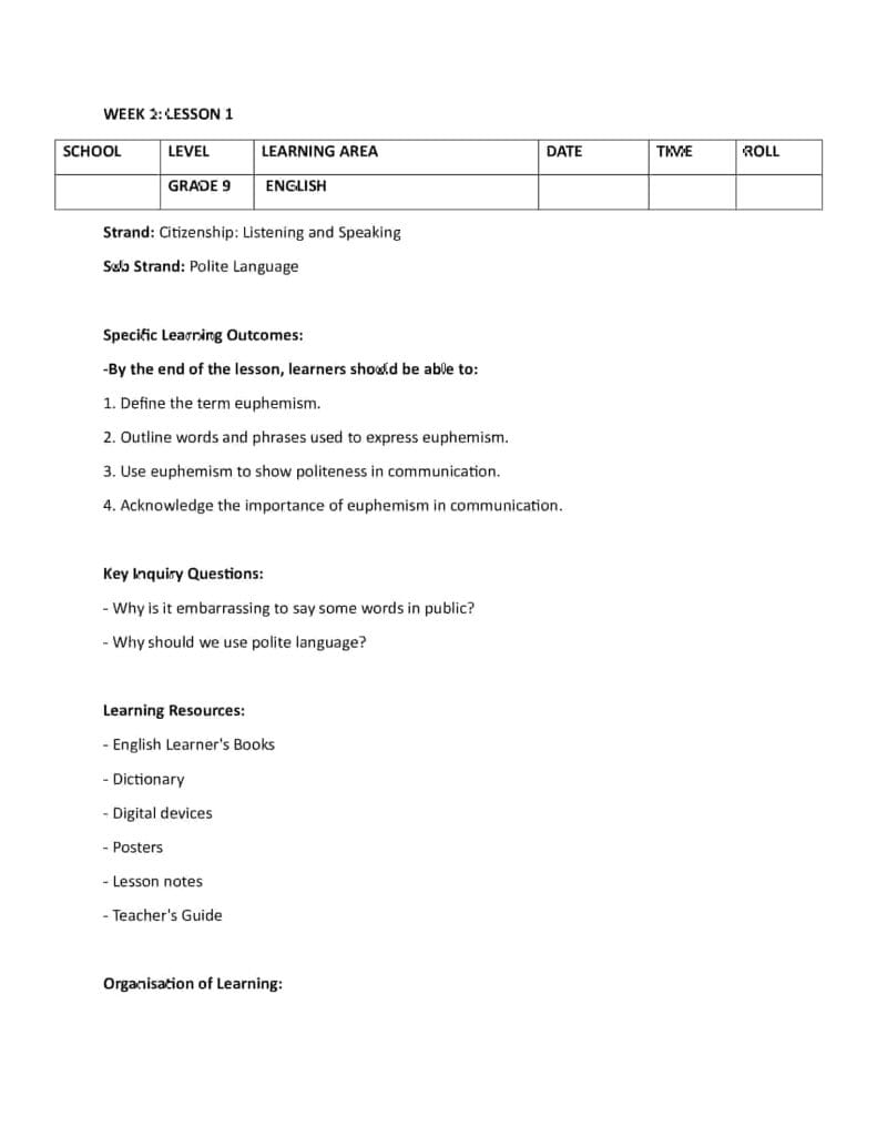 Grade 9 English Lesson Plans Term 1 - Elimplex