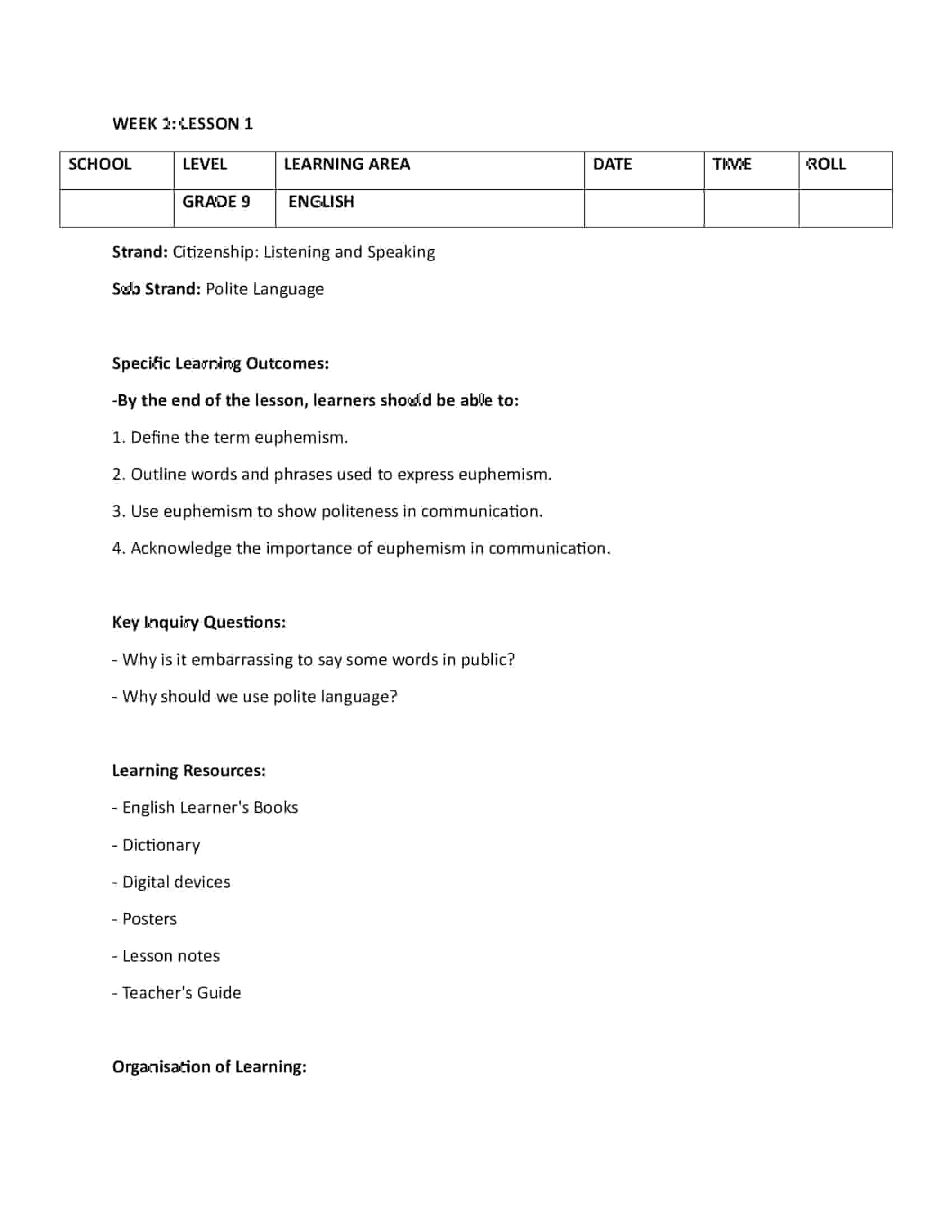Grade 9 English Lesson Plans Term 1 - Elimplex