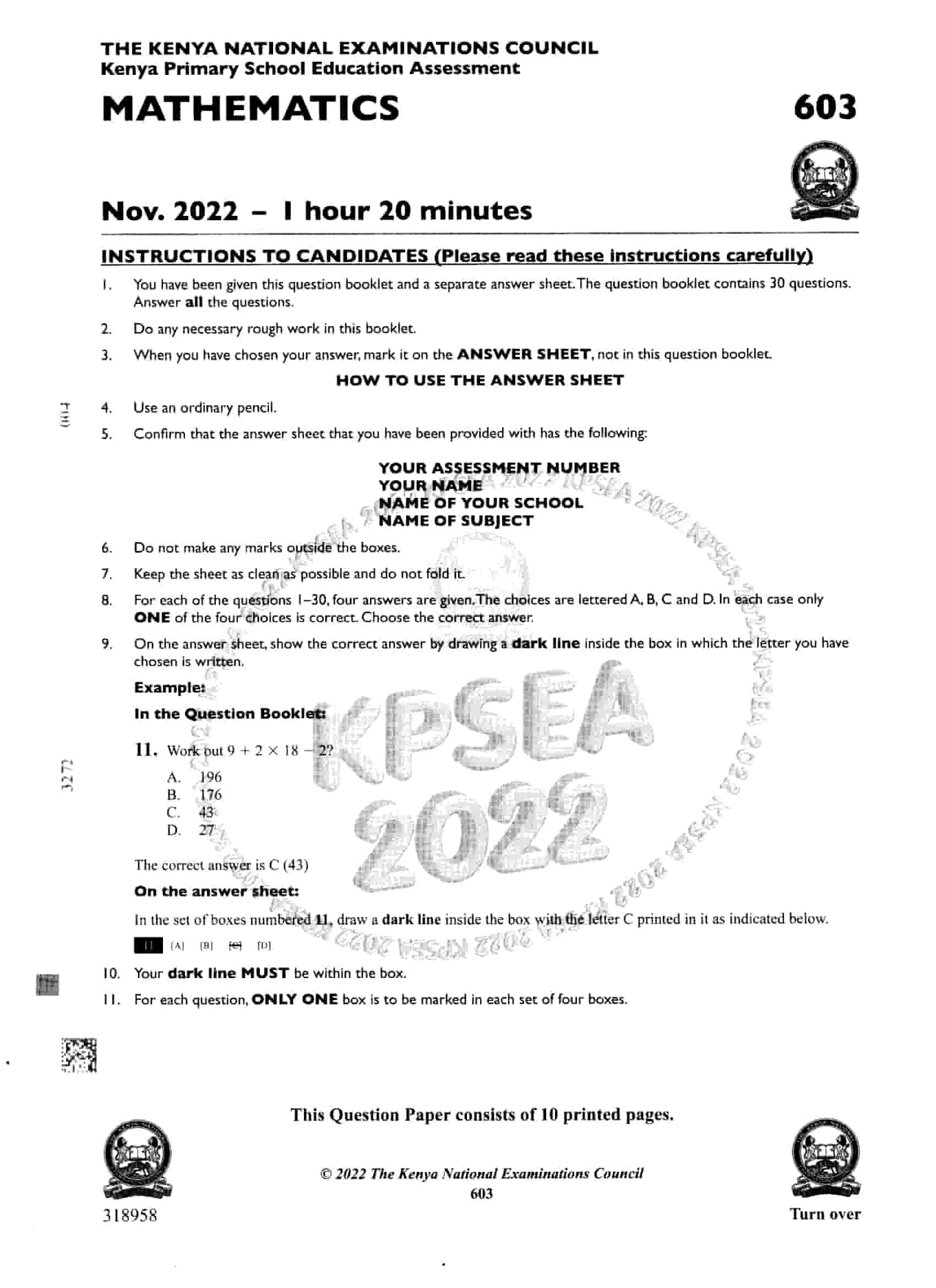 KPSEA 2022 Mathematics Studies Past Paper - Elimplex