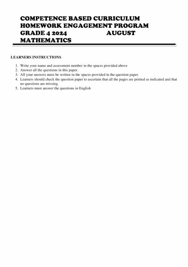 Grade 4 Mathematics Homework August Holiday - Elimplex