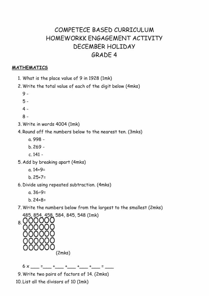 Grade 4 Mathematics Homework December Holiday - Elimplex