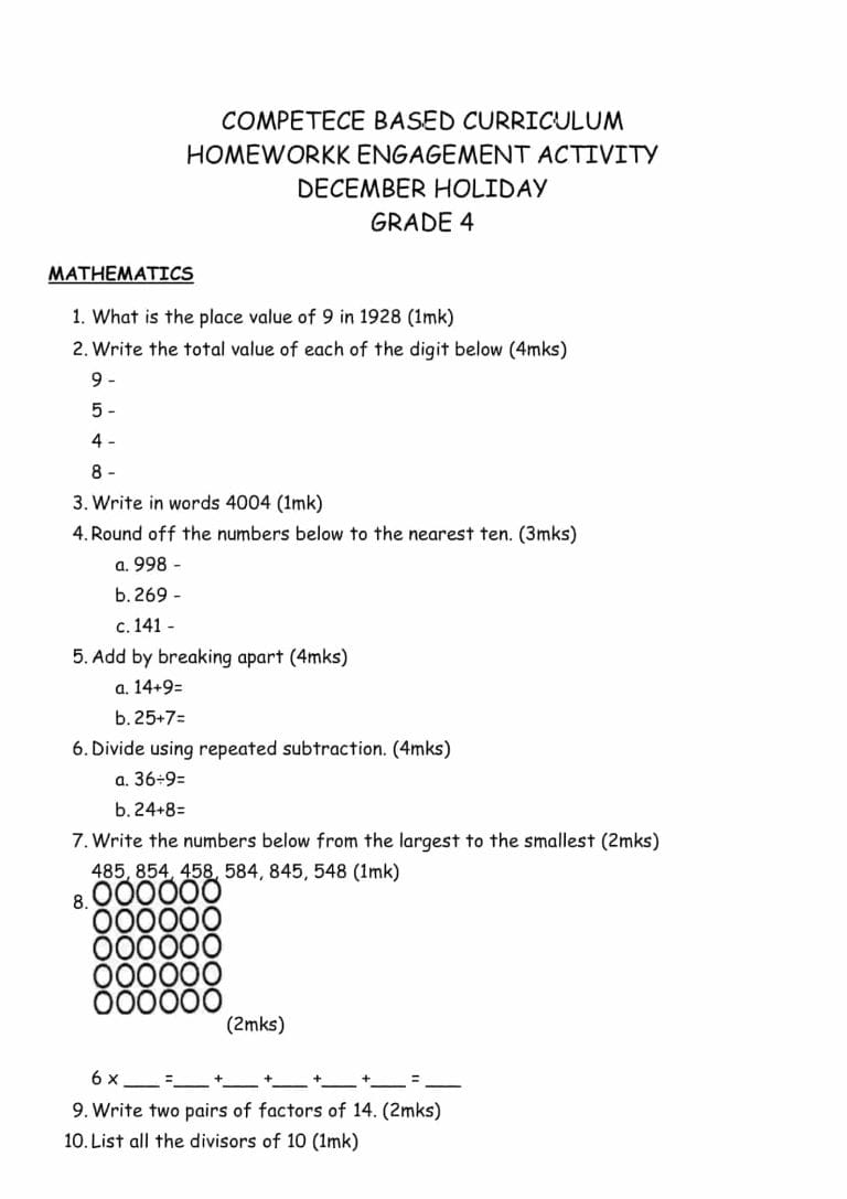Grade 4 Mathematics Homework December Holiday - Elimplex