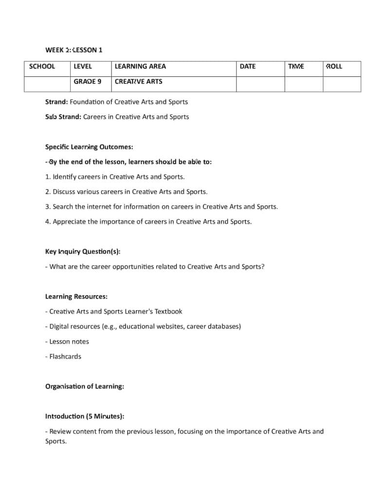 Grade 9 Rationalized Creative Arts and Sports Lesson Plans Term 1 ...